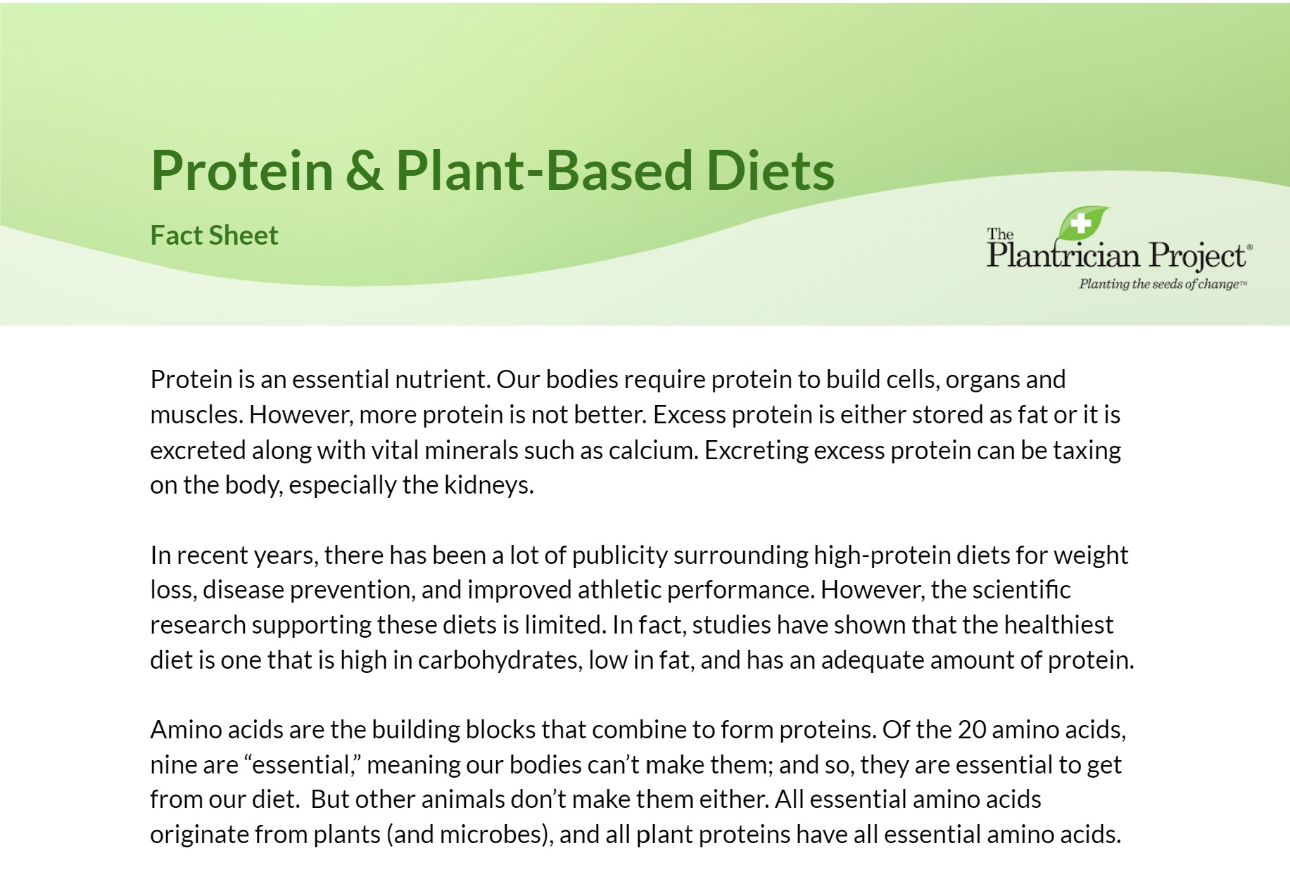 Protein & Plant-Based Diets Fact Sheet - Plantrician Providers Directory